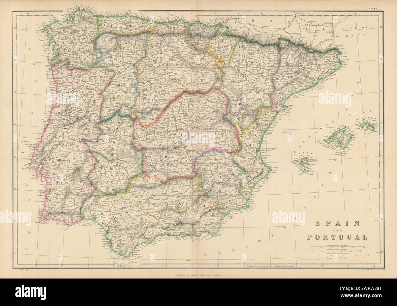Spain and Portugal by Edward Weller. Iberia 1860 old antique map plan ...