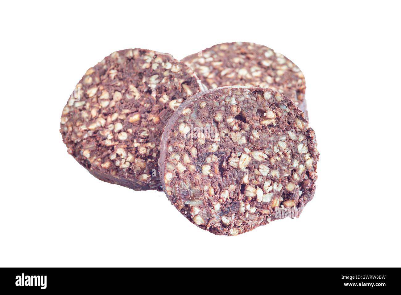 Traditional Irish and British black pudding sausage, isolated on a ...