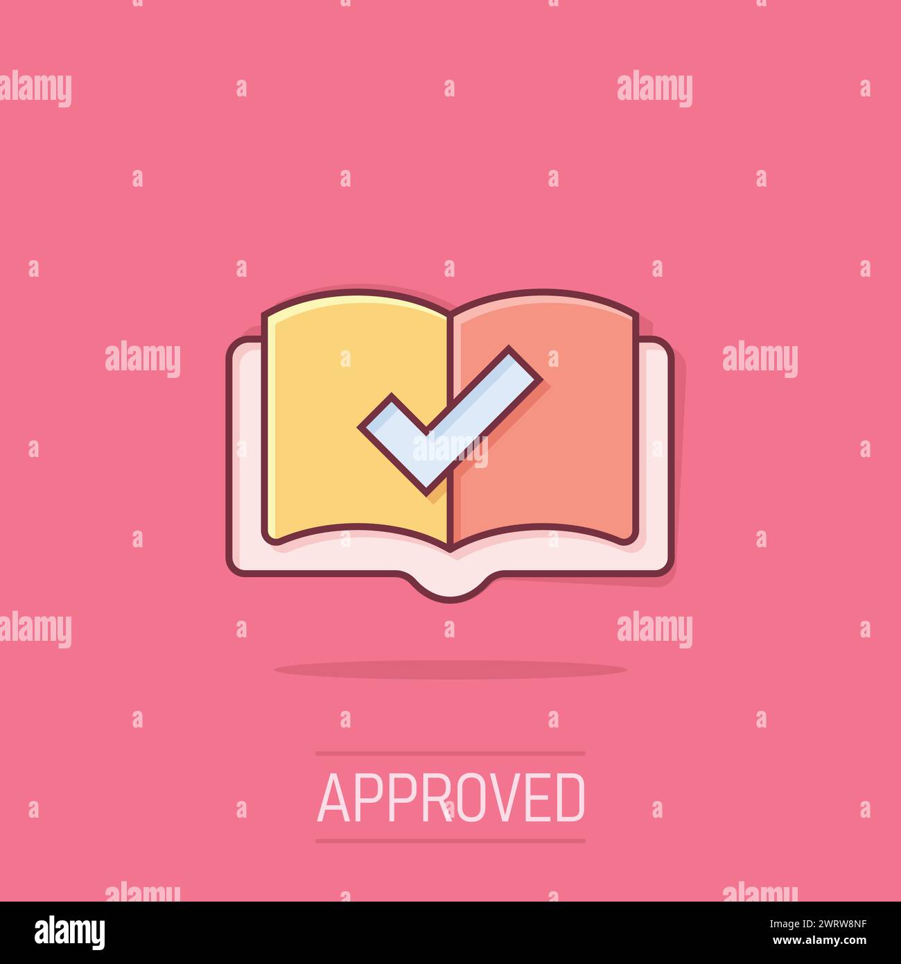 Book check mark icon in comic style. Bookmark approval cartoon vector ...