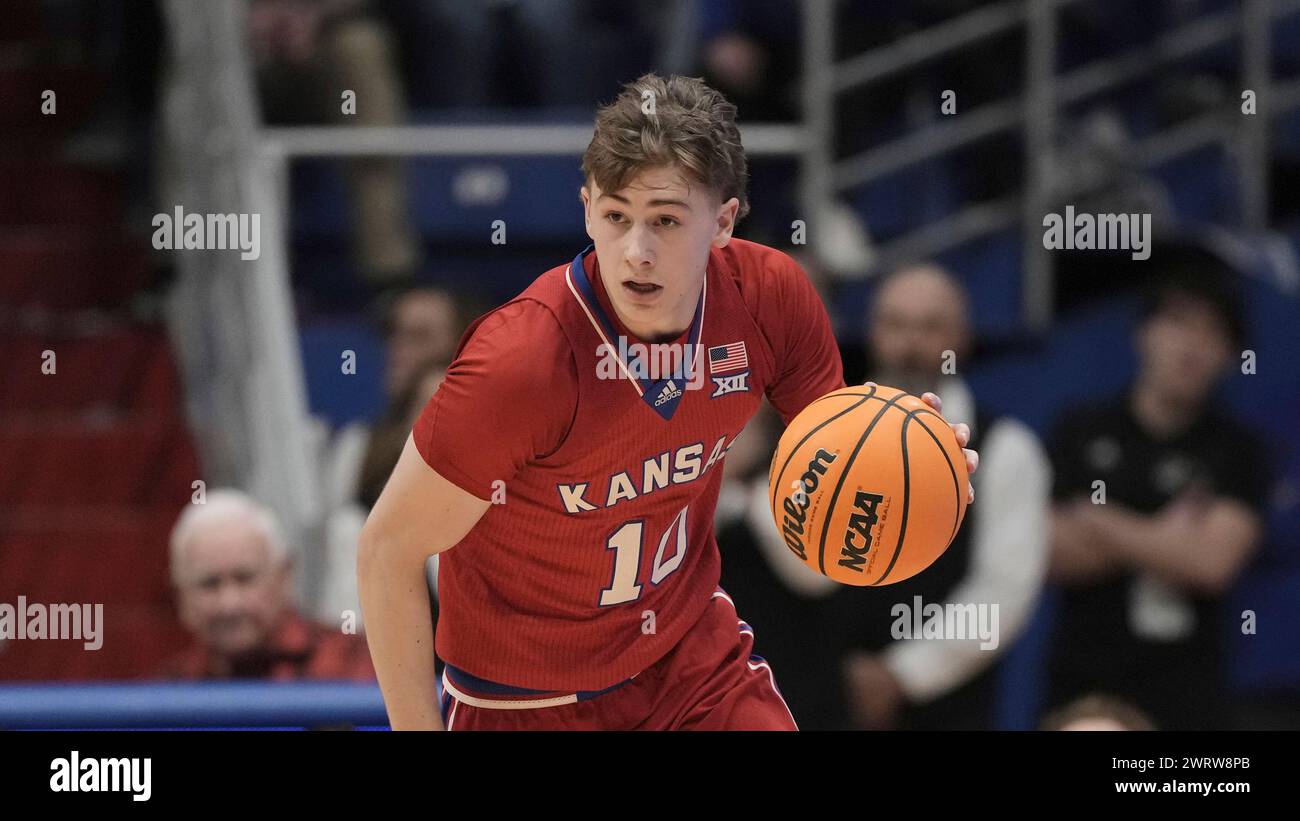 Kansas guard Johnny Furphy drives during the first half of an NCAA ...