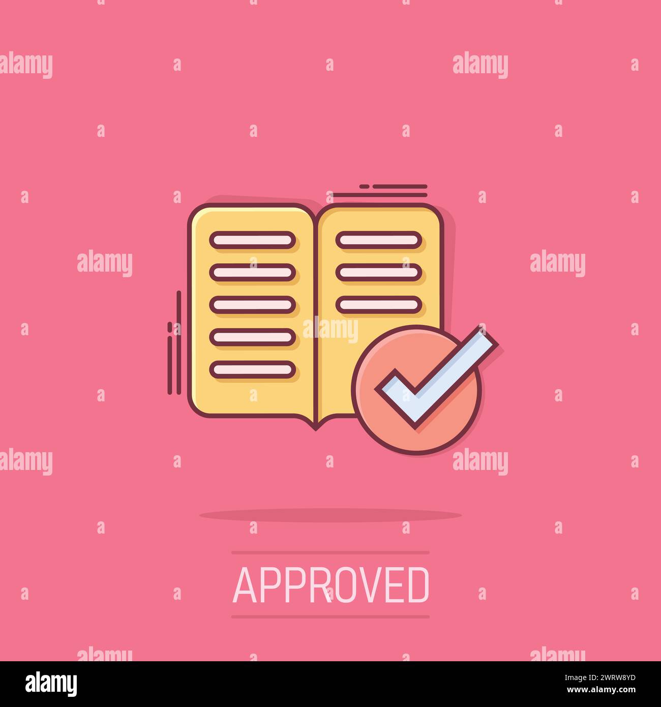 Book check mark icon in comic style. Bookmark approval cartoon vector ...