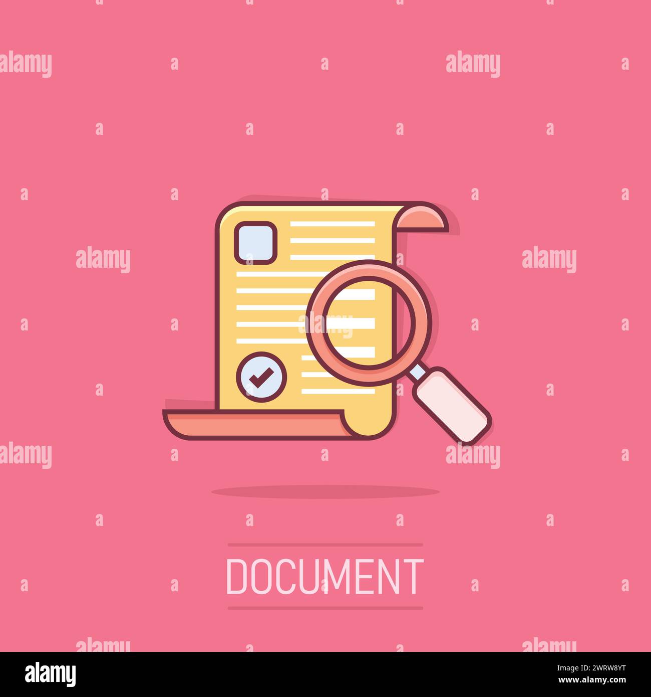 Magnifying glass with document icon in comic style. Report approval ...