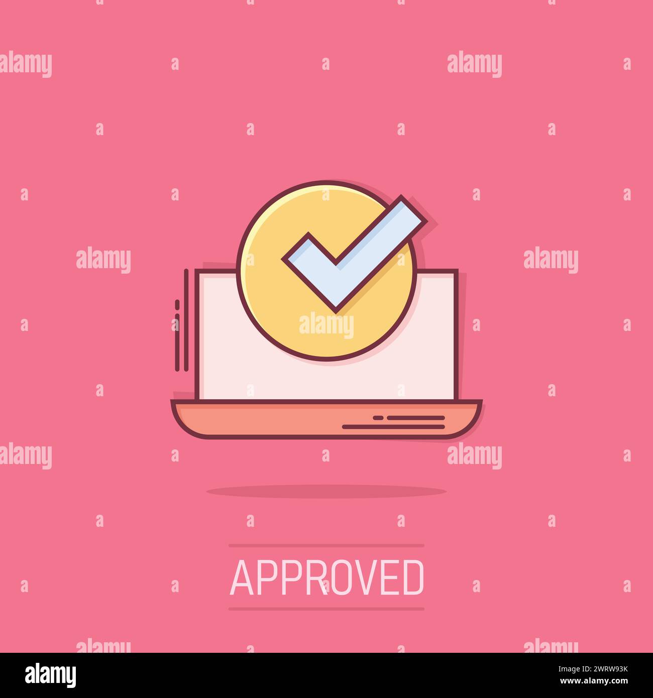 Laptop check mark icon in comic style. Computer approval cartoon vector ...