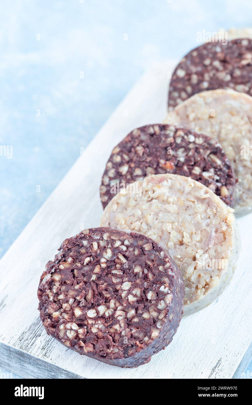 Traditional Irish and British black pudding and white or oatmeal ...