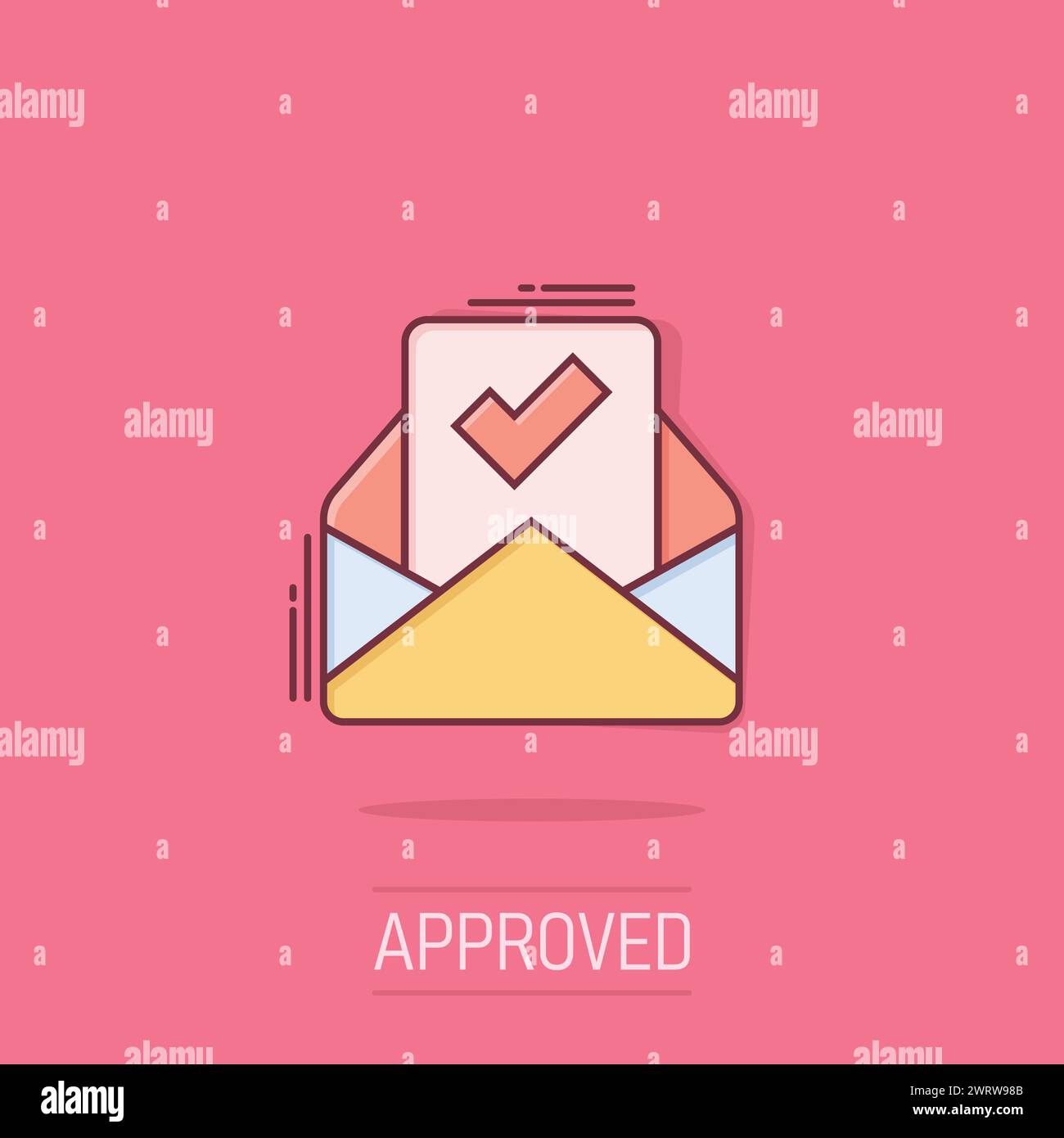 Envelope with confirmed document icon in comic style. Verify cartoon ...