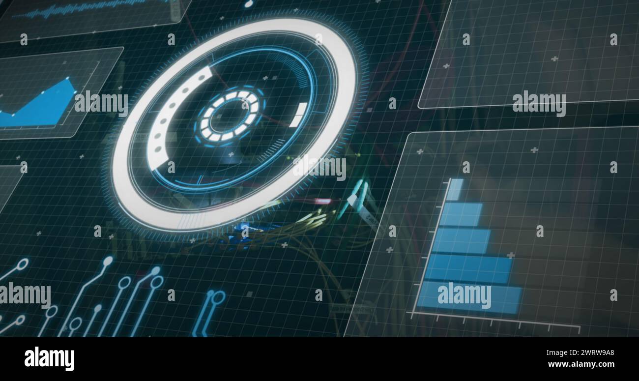 Image of data processing over scope scanning and cables of computer server Stock Photo - Alamy