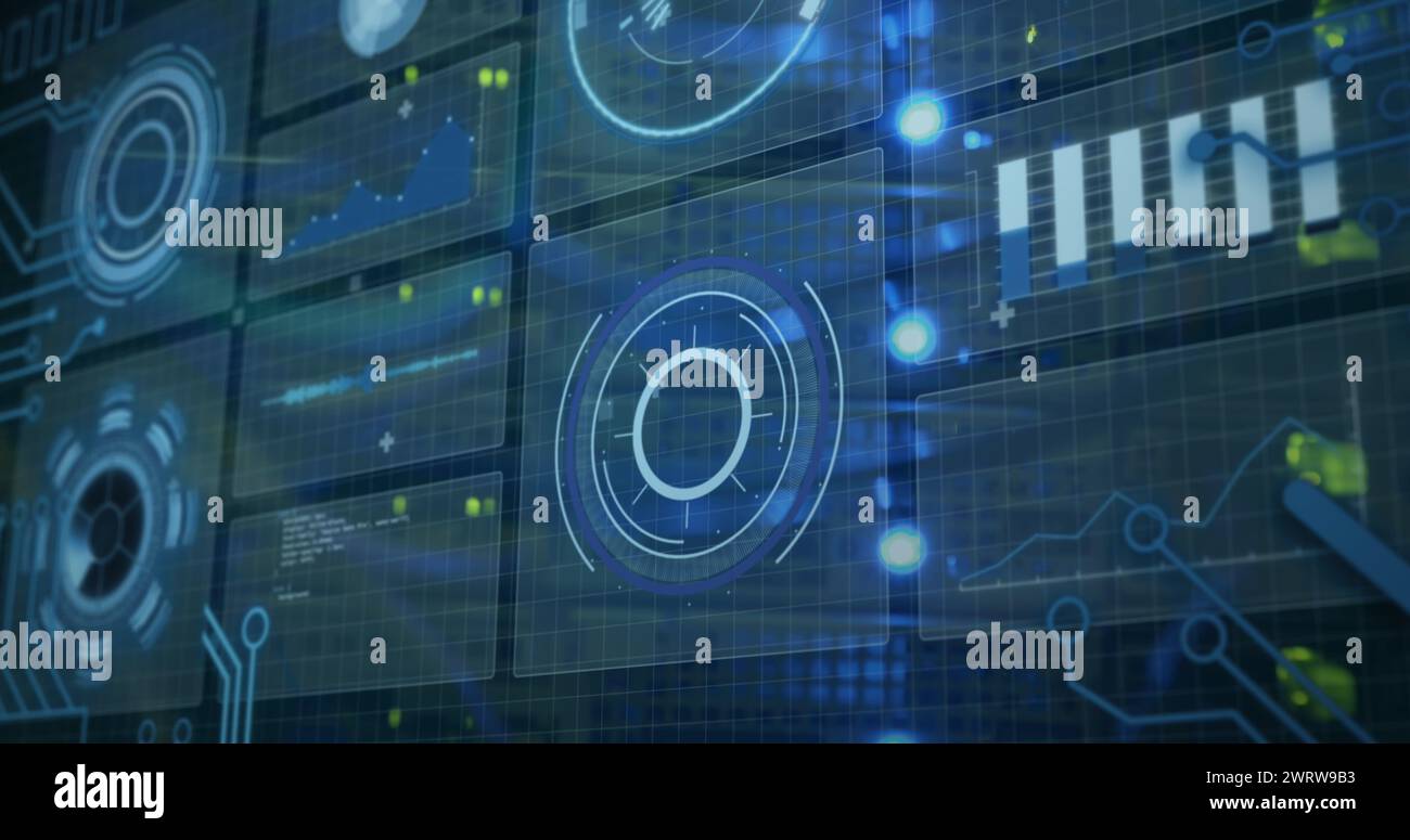 Image of data processing over scopes scanning with cables of computer server Stock Photo - Alamy