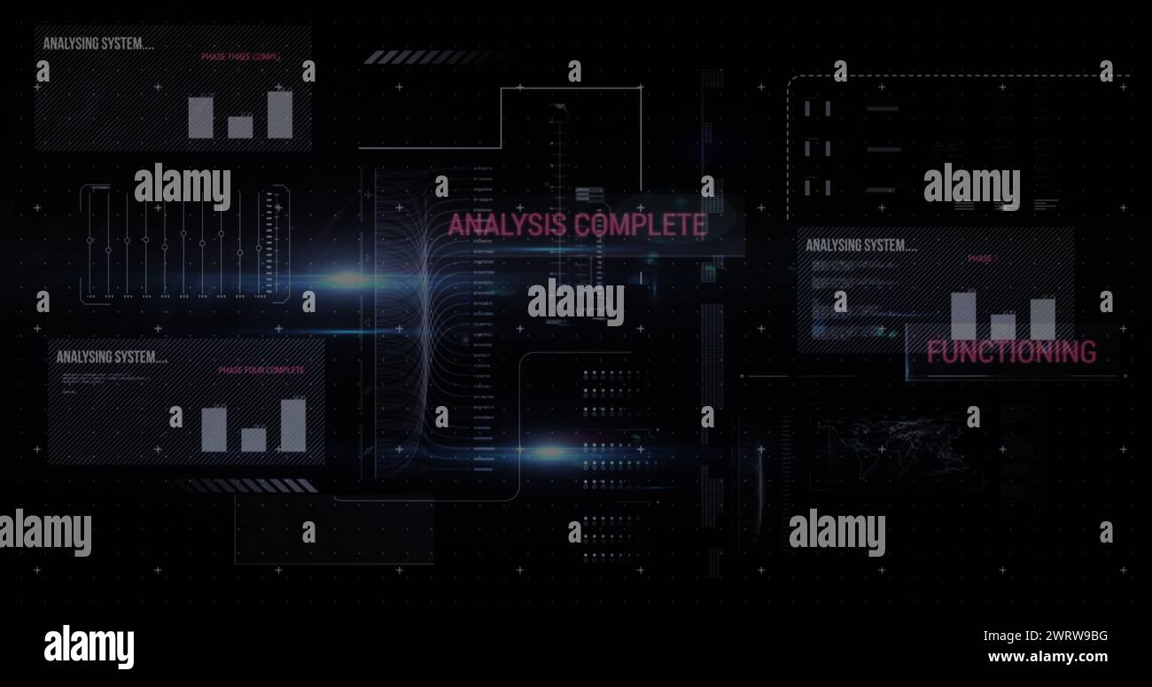 Image of multiple texts, lens flares, bar graphs and dots forming ...