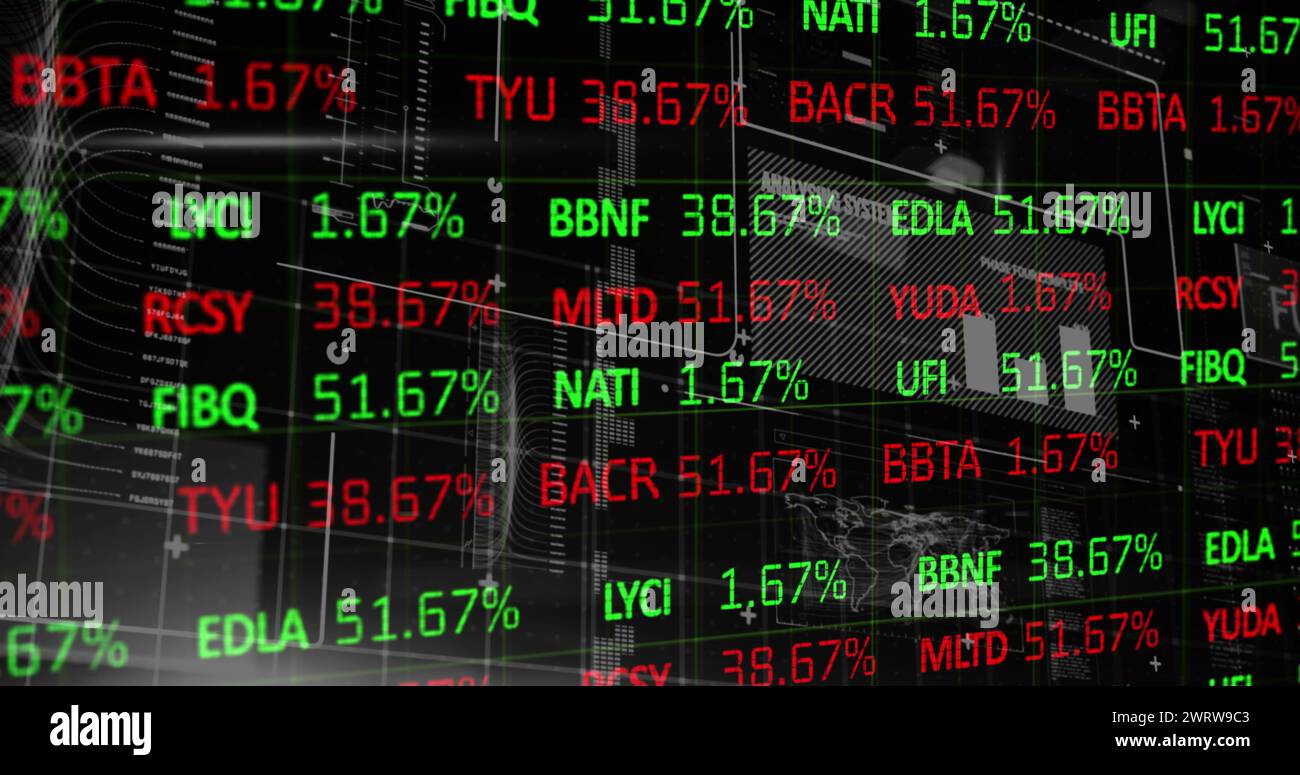 Image of trading board over infographic interface against black ...