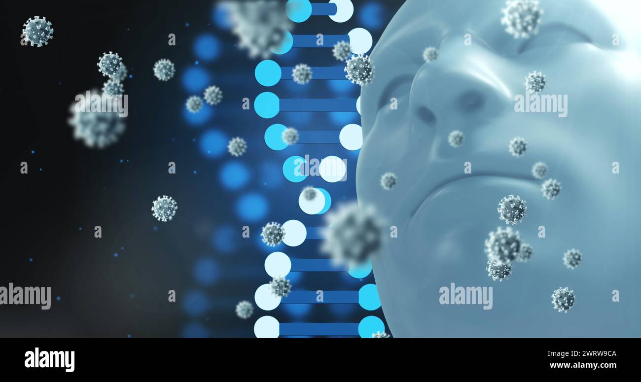 Image of falling cells and dna strand over human head 3d model on dark ...