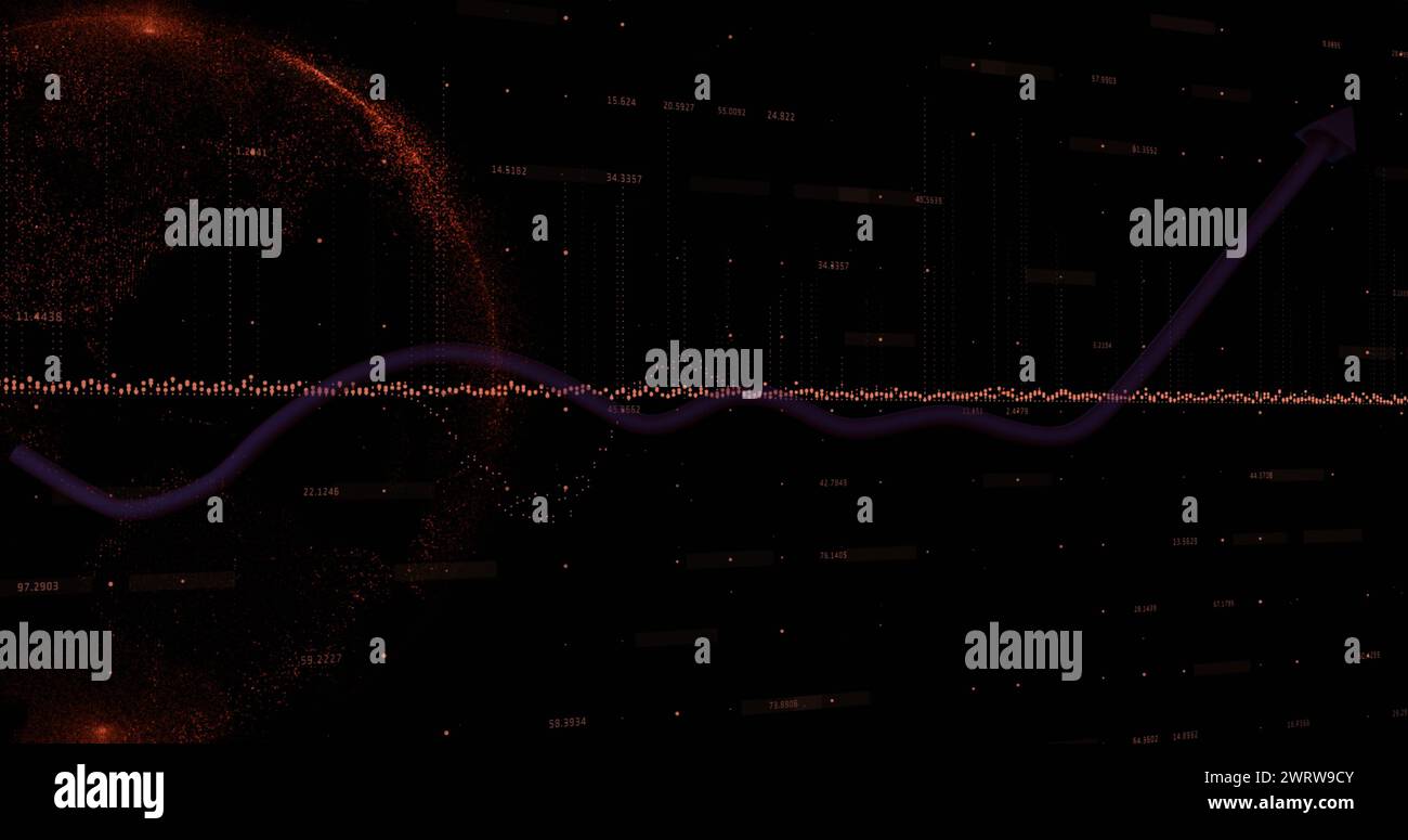 Image of soundwave and graph with arrow over globe against black ...