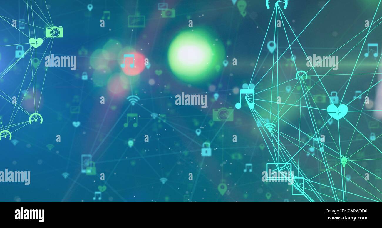 Digital image of globe of network of connections against spots of light ...