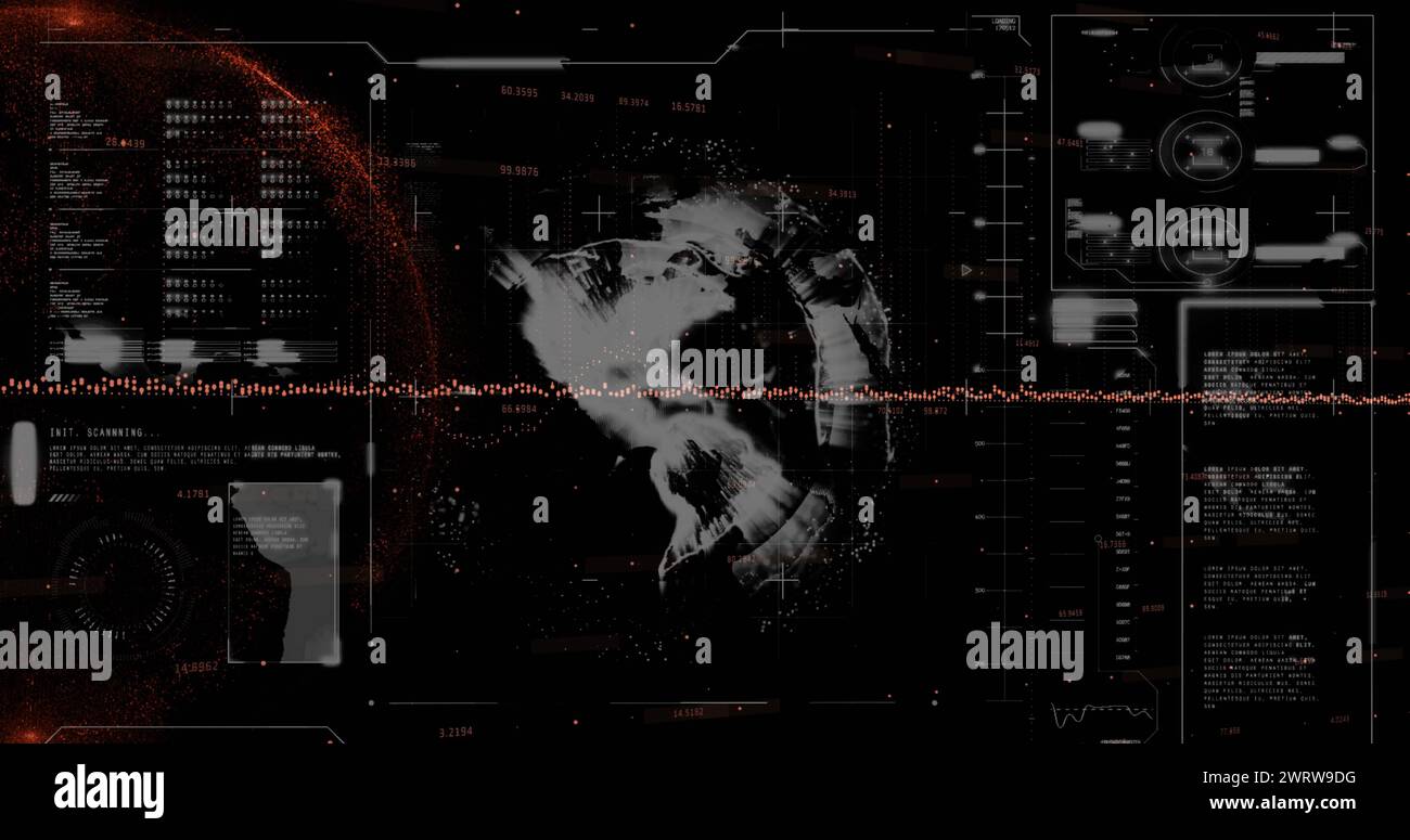 Image of graph over globes and database and loading bars against black ...