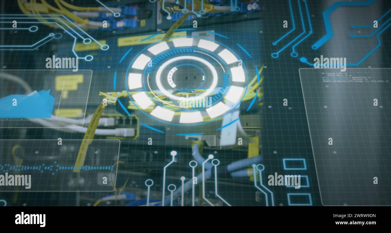 Image of data processing over scope scanning and cables of computer server Stock Photo - Alamy