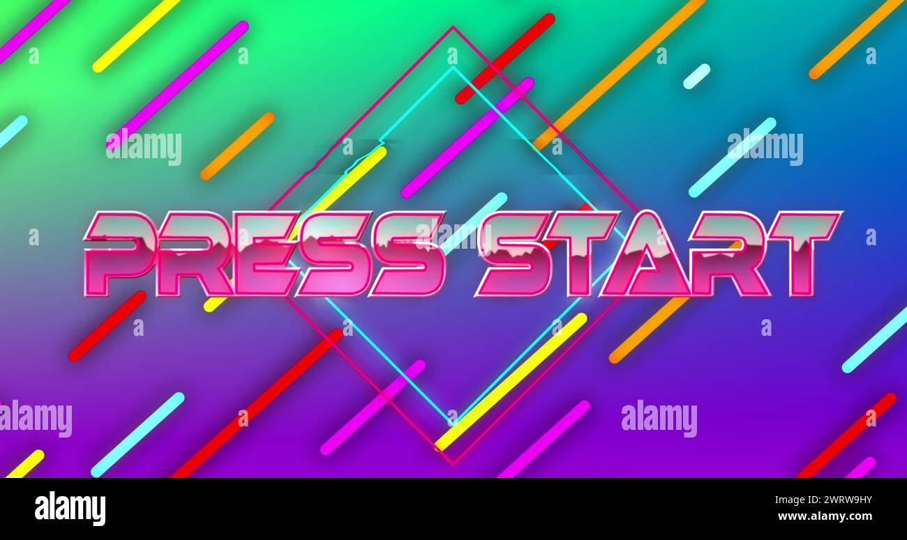 Image of press start text banner over light trails in seamless pattern ...