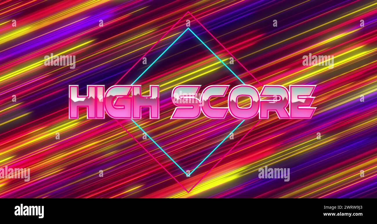 Image of high score text over neon banner against colorful light trails ...
