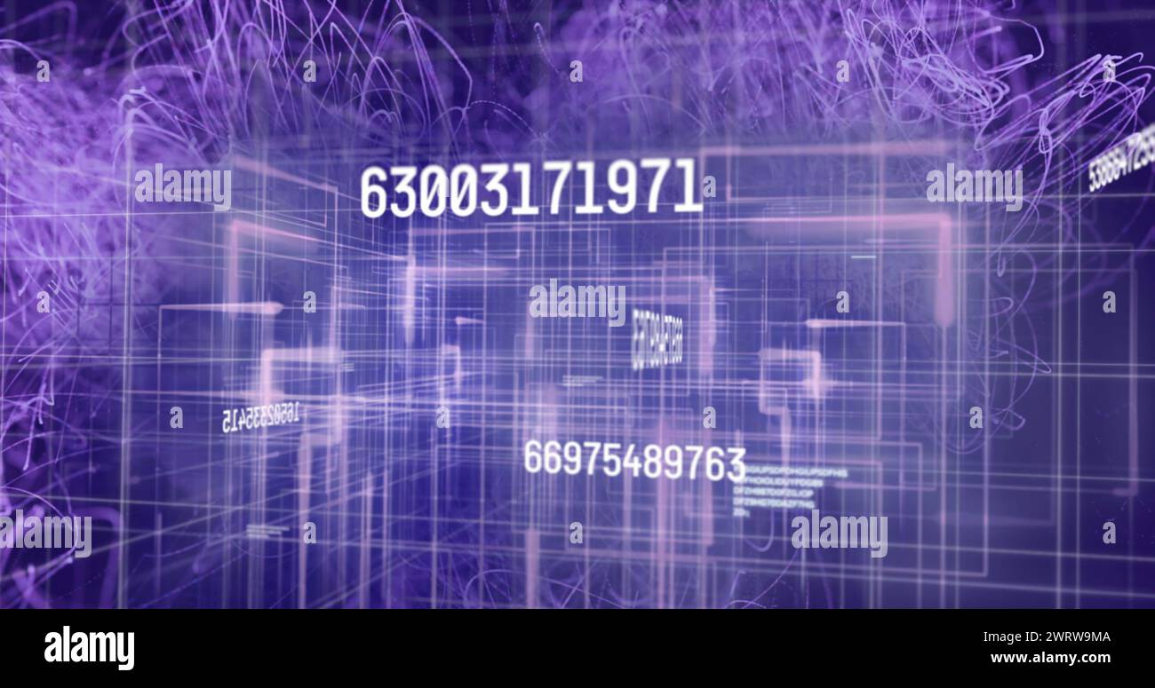 Image of numbers changing and data processing over explosion of purple light trails Stock Photo ...