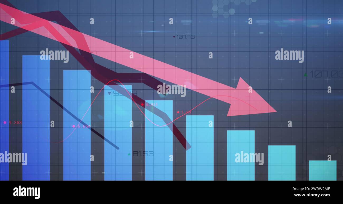 Image of statistics with red arrow pointing down and financial data processing Stock Photo - Alamy