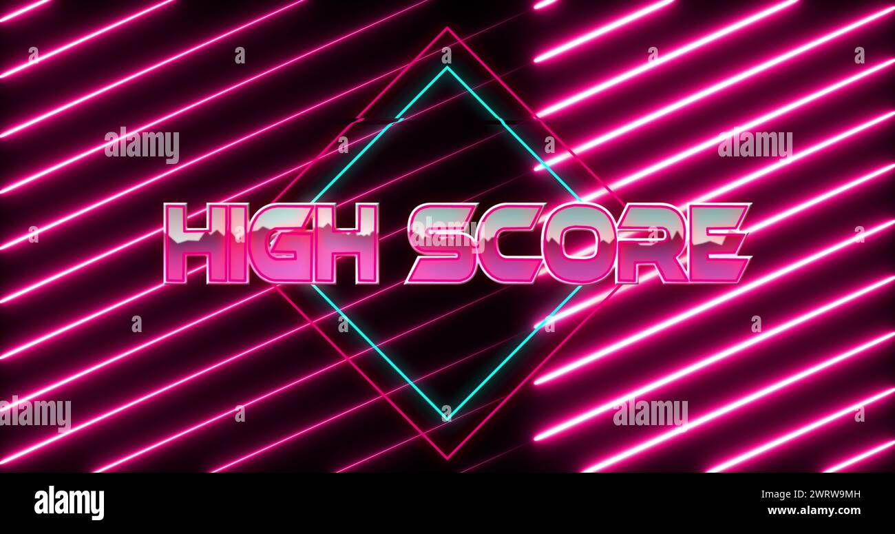 Image of high score text over neon banner against neon pink light ...