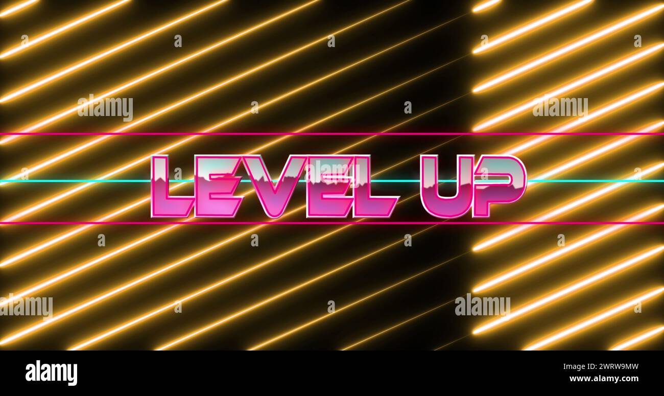 Image of level up text over neon banner against neon yellow light ...