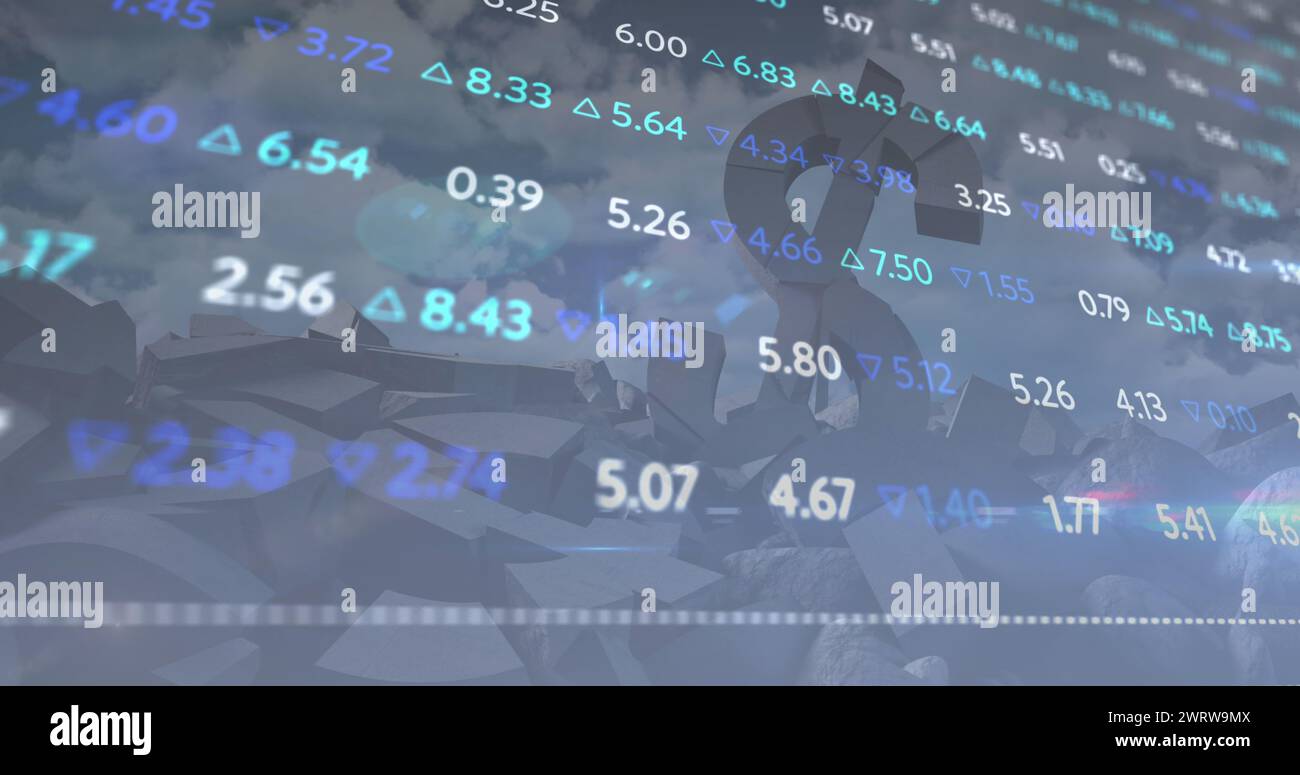 Image of financial data processing over crumbled american dollar symbol ...