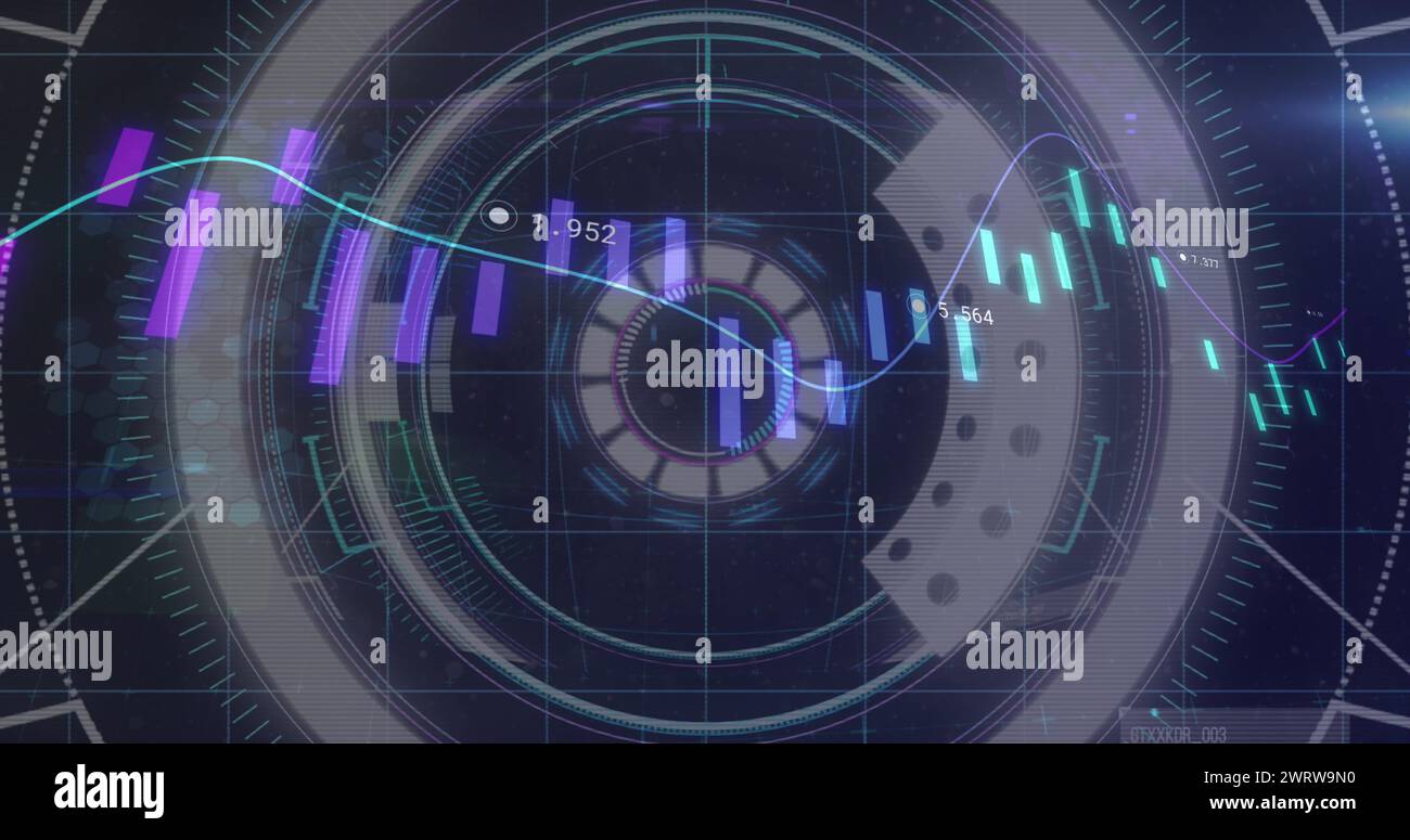 Image of scope scanning and financial data processing. global business ...