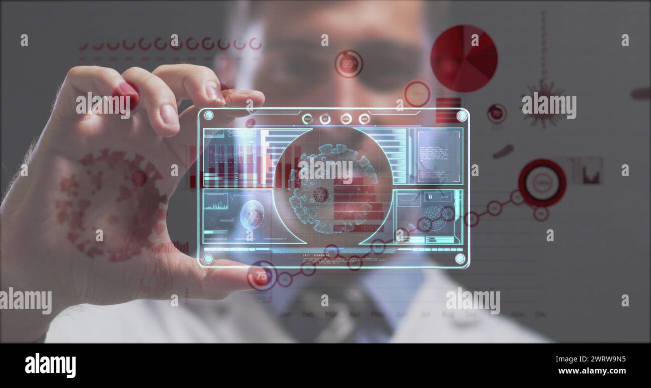 Image of covid 19 cells and statistics over man holding screen with ...