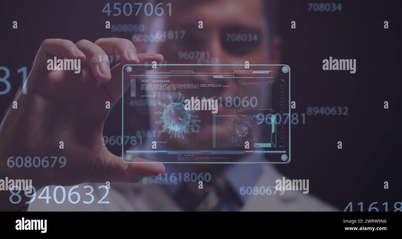 Image of numbers changing over man holding screen with covid 19 cell ...