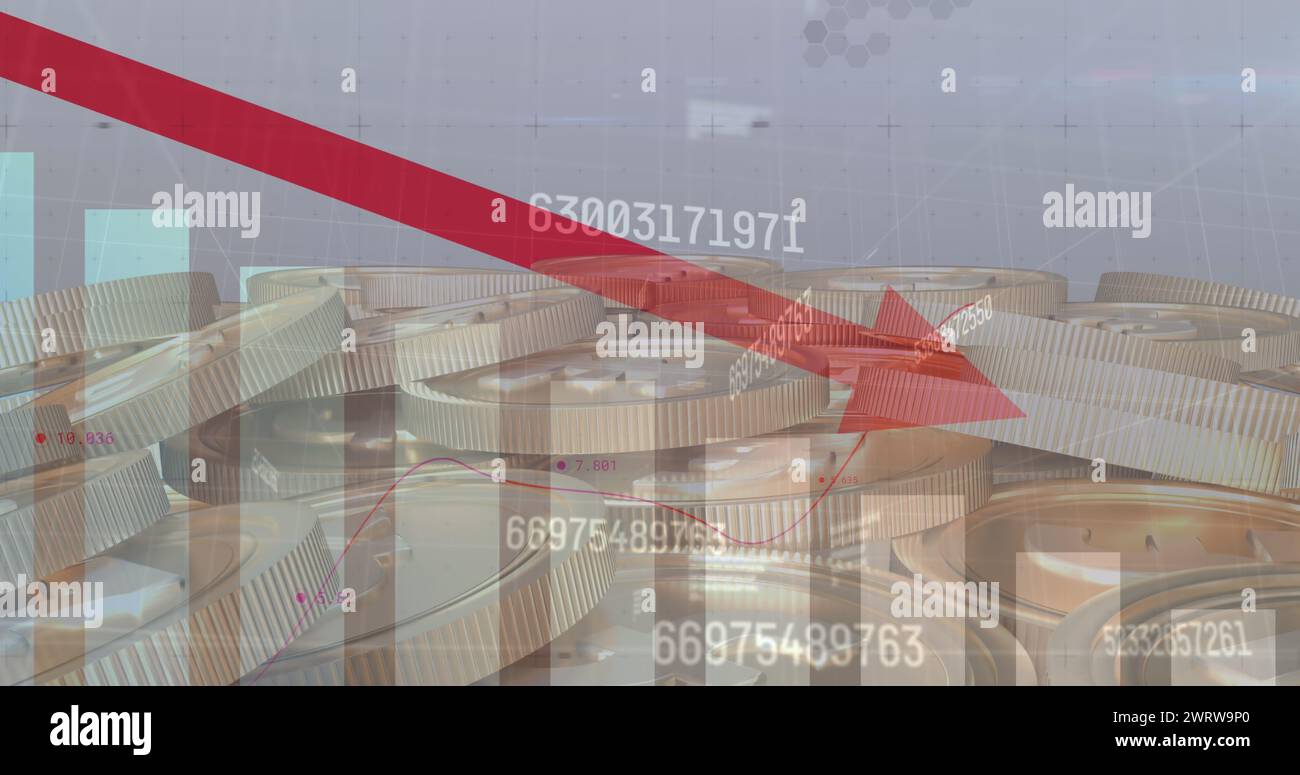 Image of numbers changing and data processing red arrow pointing down over gold coins Stock ...