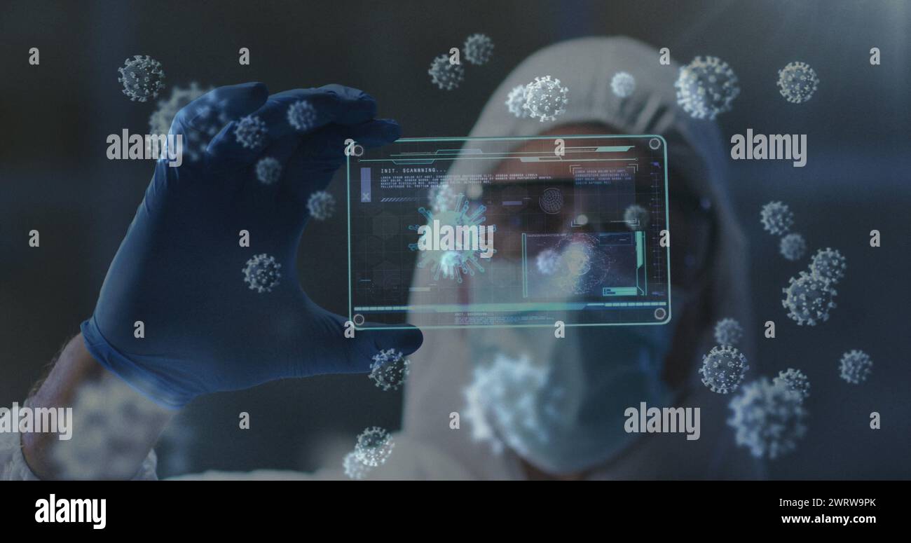 Covid-19 cells floating against health worker holding futuristic screen ...