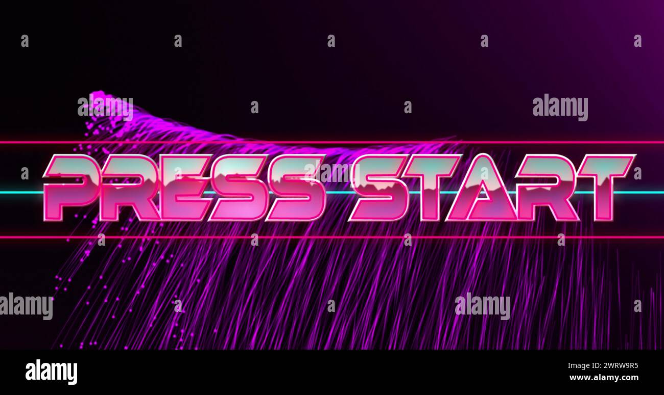 Image of press start text in pink metallic letters over explosion of ...