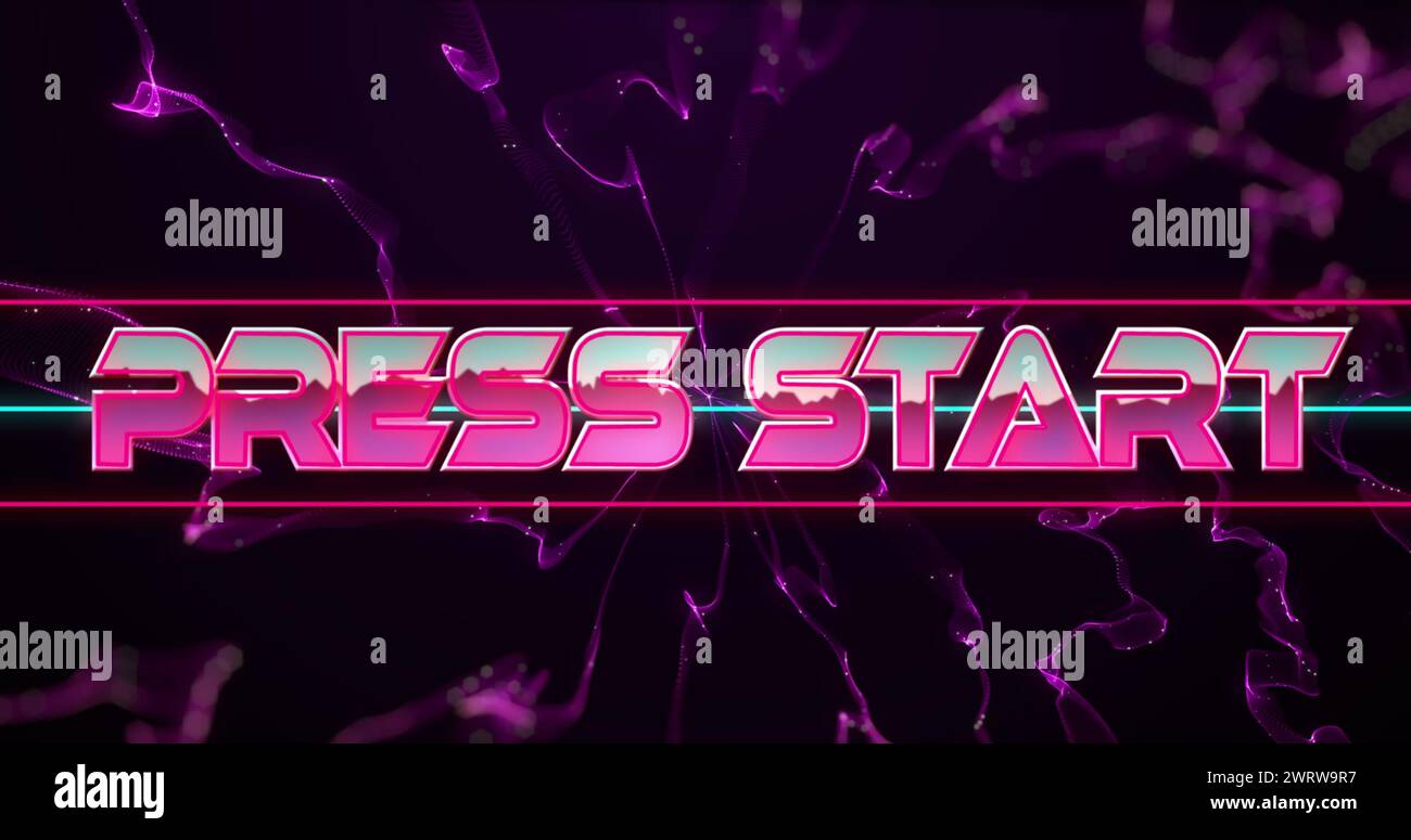 Image of press start text in pink metallic letters over explosion of ...