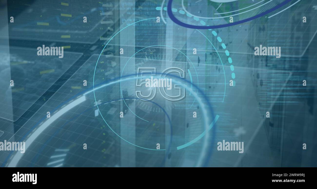 Image of 5g and processing circles over servers. network, communication ...
