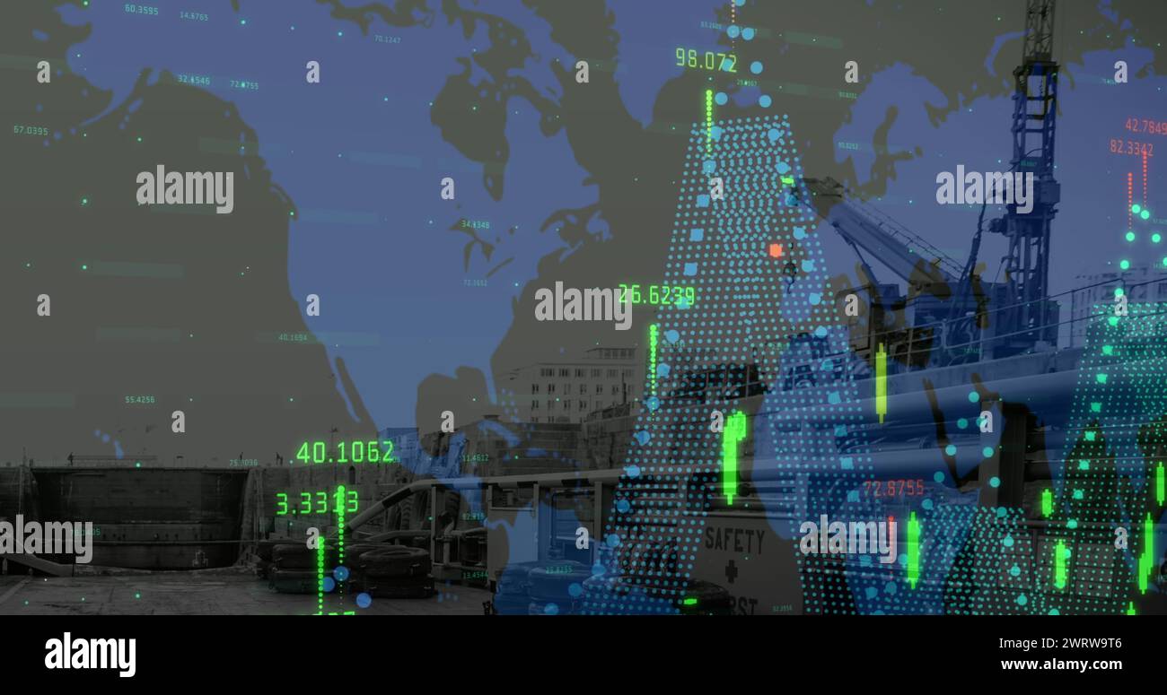 Image of crane at construction site, world map, financial data ...