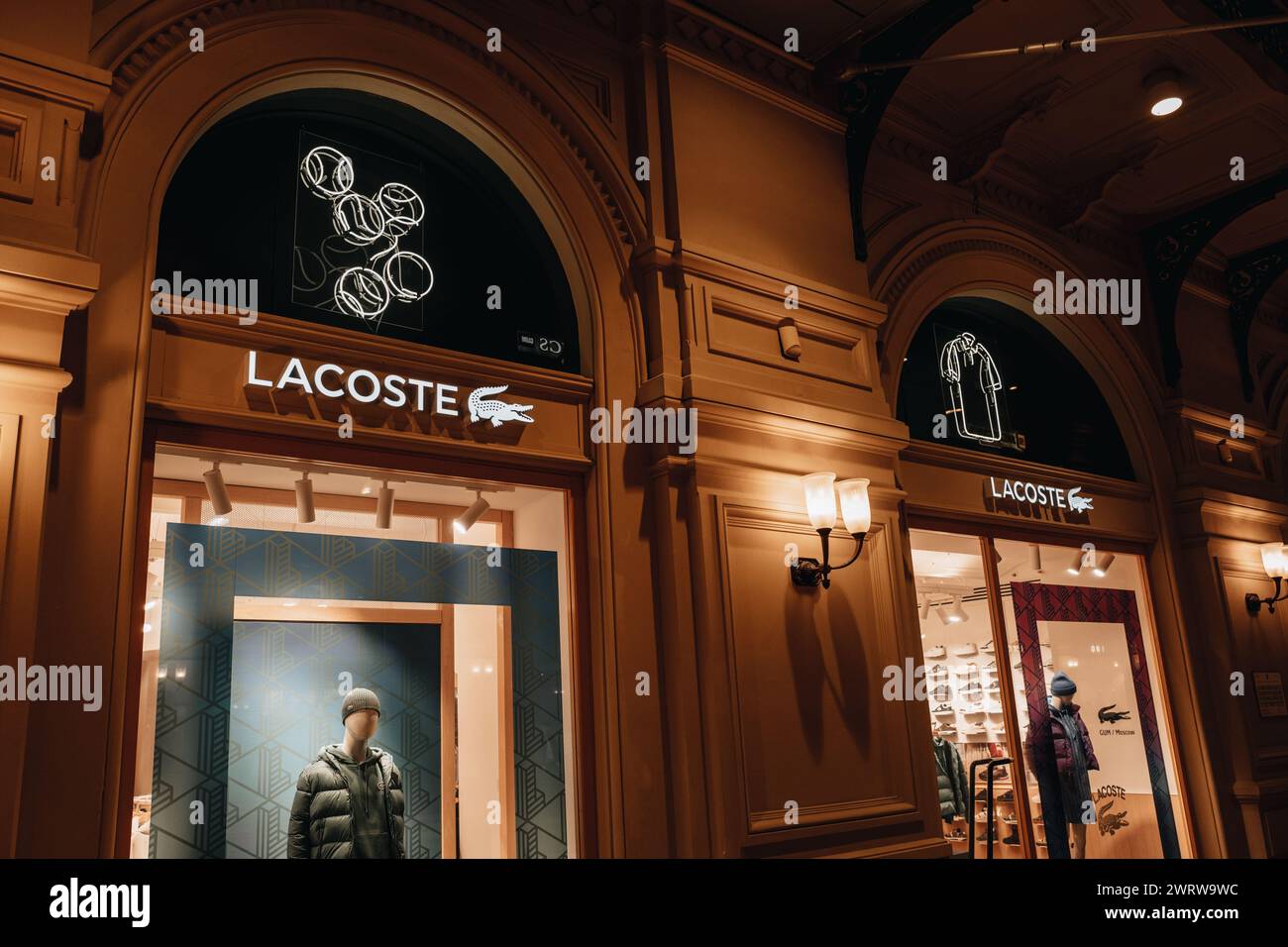 Facade and logotype of Lacoste brand retail shop singboard on the ...