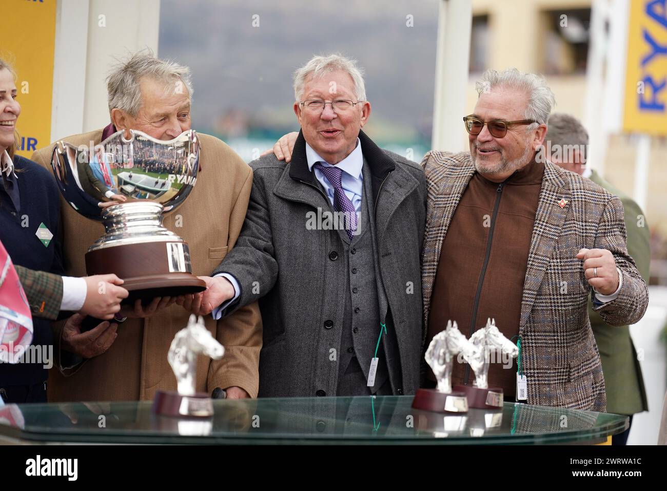 Sir Alex Ferguson, owner of Protektorat, celebrates winning the Ryanair ...