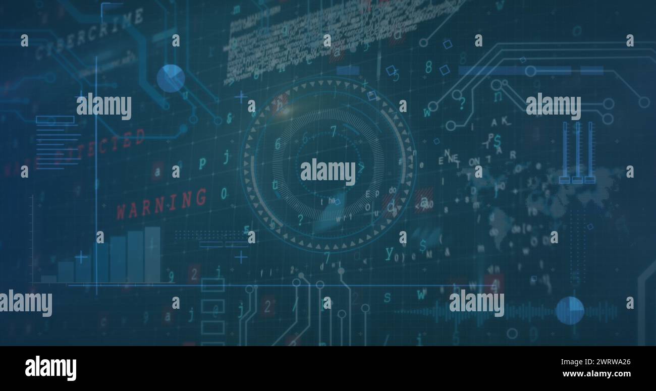 Image of data, digital screens, graphs and texts on navy background ...