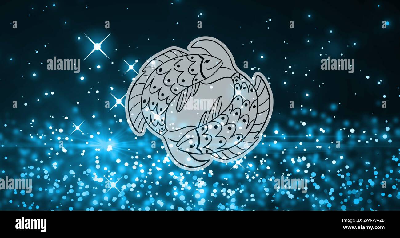 Image of twin fish of pisces zodiac sign over glowing and moving blue ...