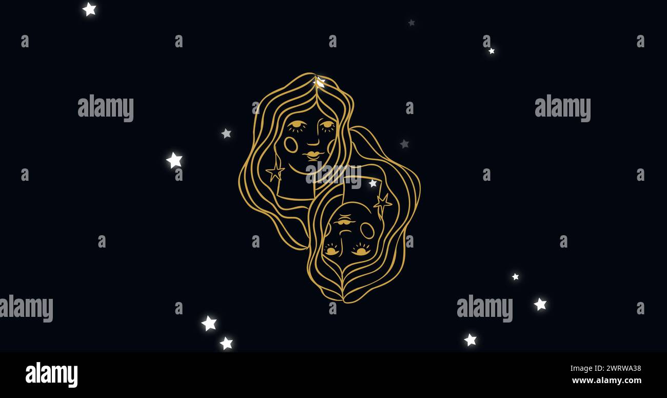 Image of female faces with gemini zodiac sign against illuminated stars ...