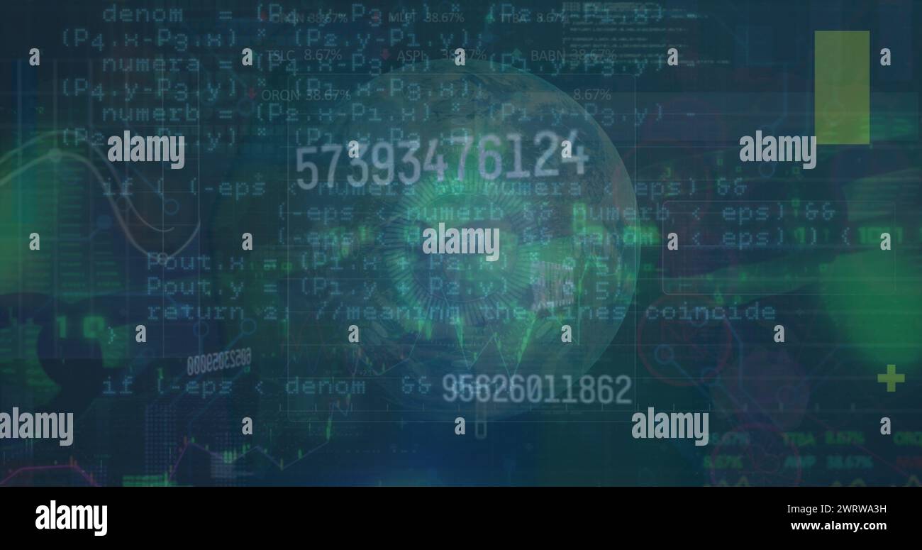 Image of data, globe, numbers and graphs on navy background. Data ...