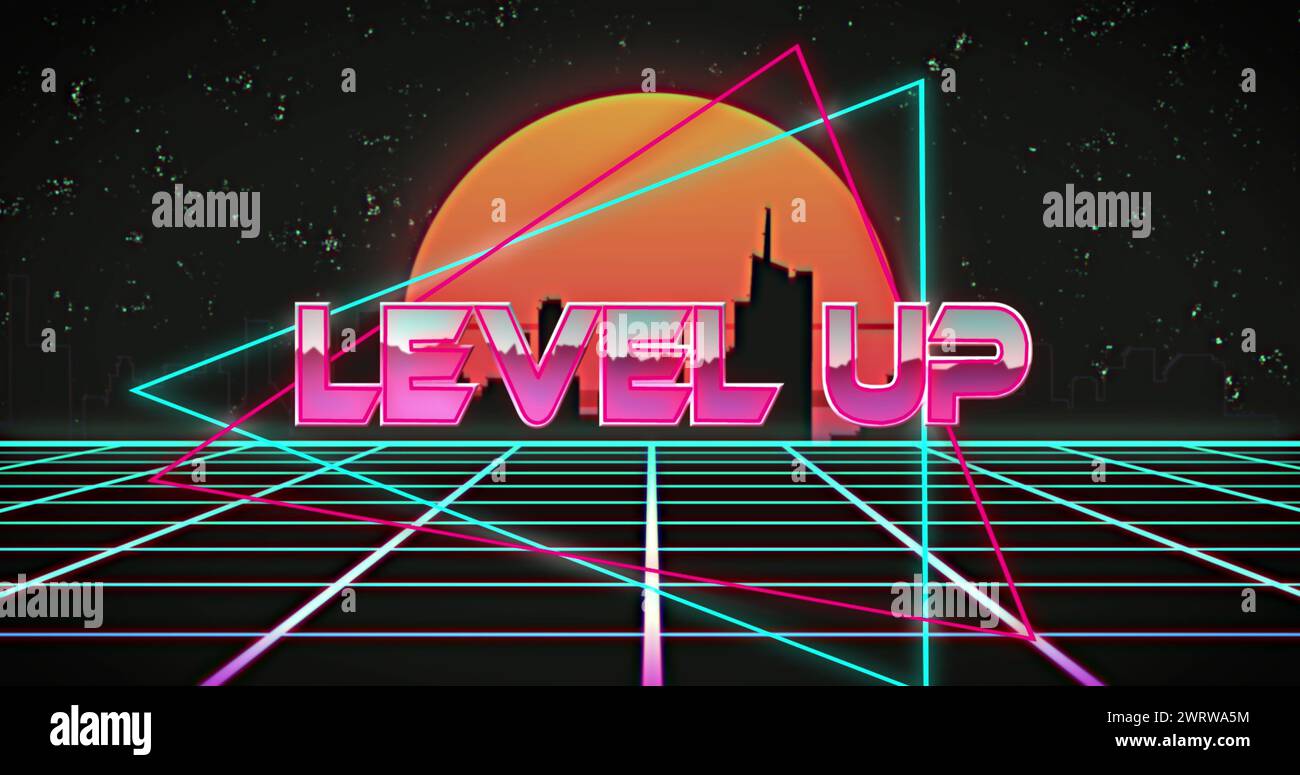 Image of level up text in multicolored triangle against silhouette ...