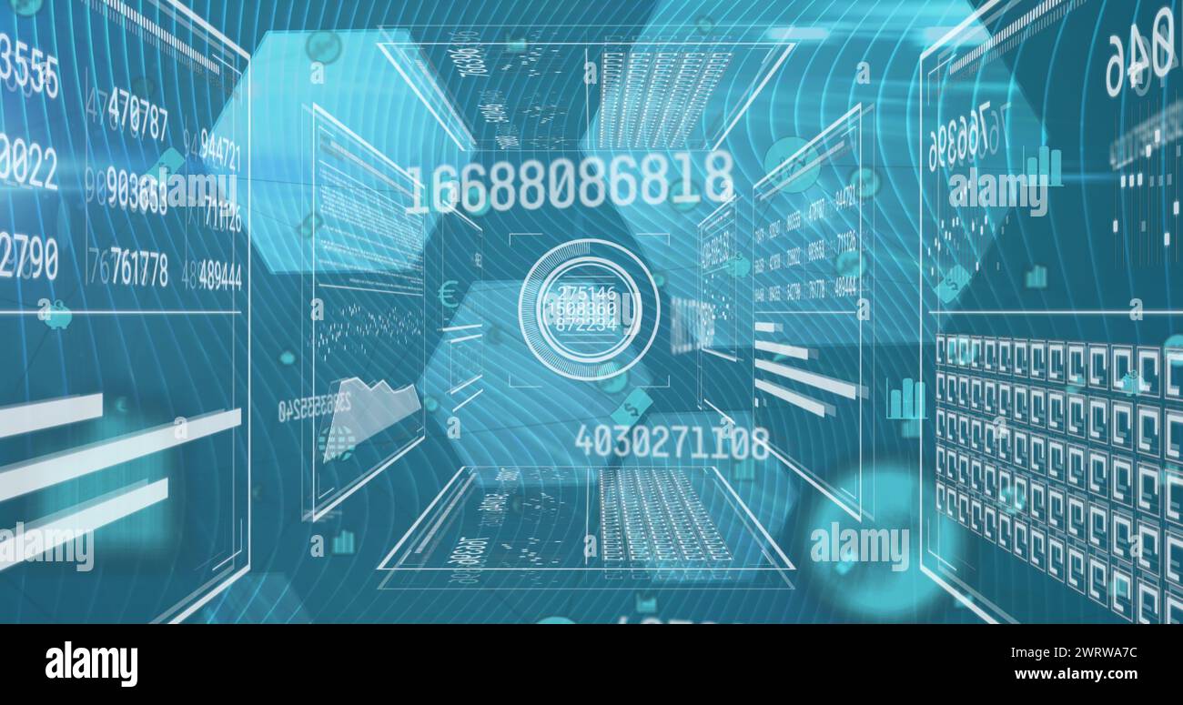 Image of changing numbers over interface with data processing against blue background Stock ...