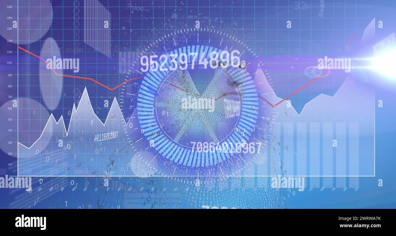 Image of changing numbers over round scanner, light spot and data ... Image of changing numbers over round scanner, light spot and data ...
