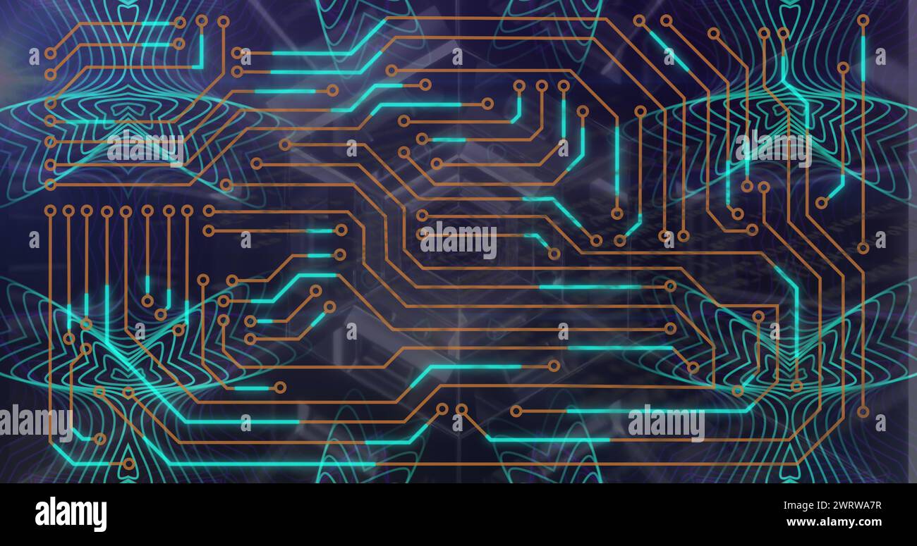 Image Of Microprocessor Connections Over Neon Tunnel And Kaleidoscope Structures In Background