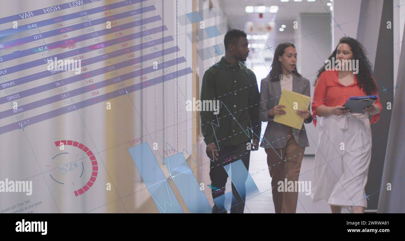 Image of data processing over diverse colleagues talking in office ...