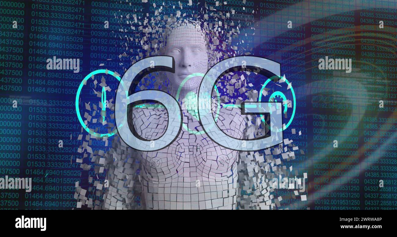 Image of 6g text over human body model against biometric fingerprint ...