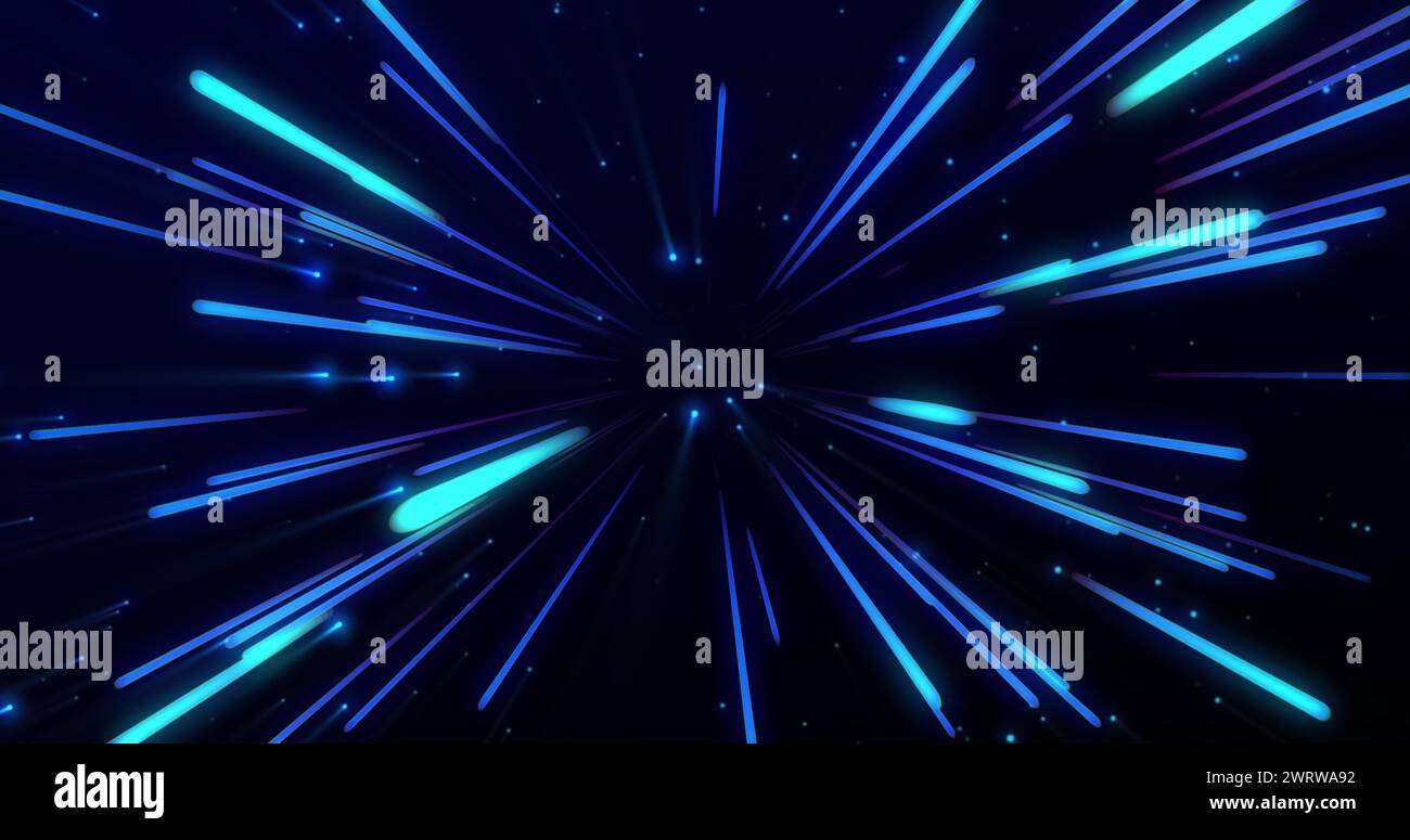 Image of blue neon light trails and light spots over black background ...