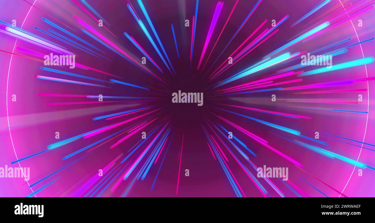 Image of purple neon light trails and circles over black background ...