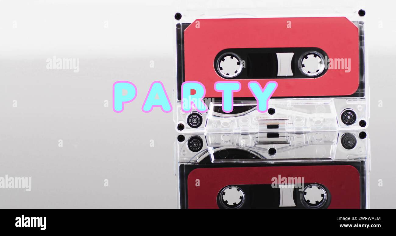 Image of party text over tape on white background Stock Photo - Alamy