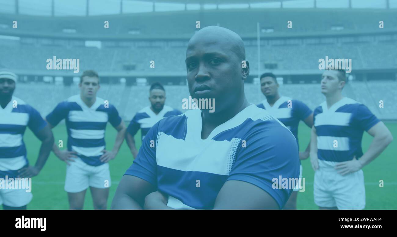 Image of statistics over rugby players. global sports, technology ...